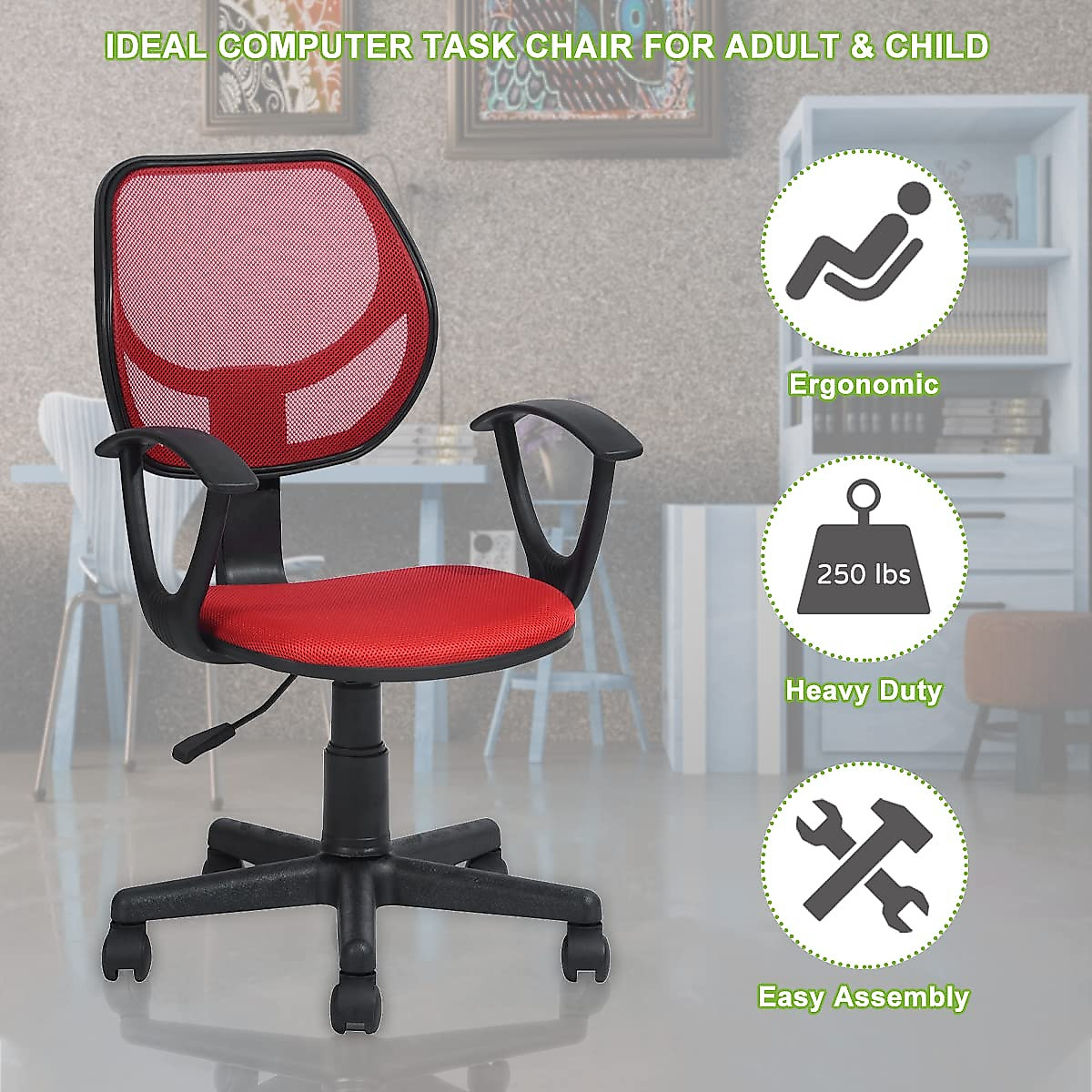 Geniqua Red Mesh Office Chair Ergonomic Back Support Mid-Back Home Computer Chair Swivel Adjustable Task Chair, for Home Office