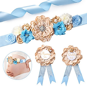 XINRUI Floral Maternity Sash Mummy Daddy to Be Corsage Pin Set Blue Teddy Bear Baby Shower Sash Belly Belt Flower Pregnancy Photo Props Maternity Photography (Champagne)