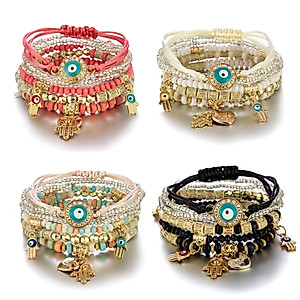 4 Sets Bohemian Stretch Beads Bracelets Multilayer Evil Eye Hamsa Hand Bracelet Boho Charms Stretch Stackable Bracelet Handmade Multicolor Crystal Beaded Lucky Protection Bangles Bracelet Set-4Sets