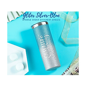 Onebttl Swimming Gifts, Swimmer Stainless Steel Skinny Tumbler for Women, Teen Girls, Teammate, Coach (20oz, Glitter Silver & Blue)-Just Keep Swimming