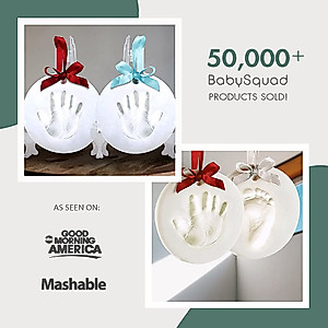 BabySquad Baby Handprint Footprint Clay Keepsake Ornament Kit (2 Pack) Non Toxic - Shatter Proof - Air Dries - Ultra Light. Includes Stencil, 2 Easels, 8 Ribbons, 2 Claypacks, Rolling Pin and More!