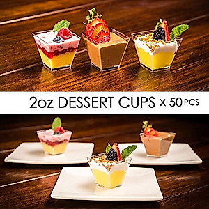 DLux 50 x 2oz Square Mini Dessert Cups with Spoons, Clear Plastic Parfait Appetizer Cup - Small Reusable Serving Bowl for Tasting Party Desserts Appetizers - With Recipe Ebook