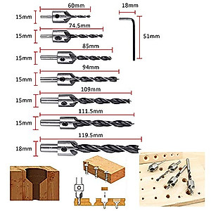 YEEZUGO 23-Pack Woodworking Chamfer Countersink Drill Bit, 6pcs 1/4" Hex 5 Flute 90 Degree Countersink Drill Bits, 7pcs Three Pointed Countersink Drill Bit, 8PCS Wood Plug Cutter, and Automatic