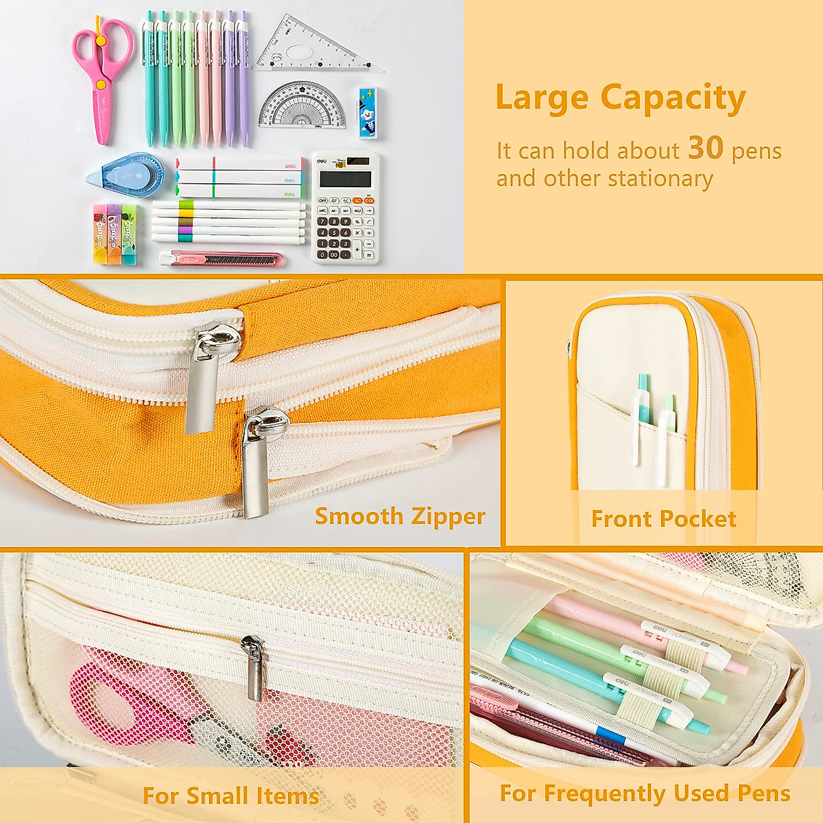 deli Foldable Pencil Pen Case Big Capacity Pencil Pouch Large Pencil Bag Makeup Bag for Teen Boys Girls School Students, Orange