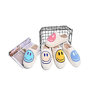 Cute Smile Face Slippers for Women and Men,Soft Plush Comfy Warm Couple Slip-On House Happy Face Slippers For Winter Indoor Outdoor Smile Slippers Non-slip Fuzzy Flat Slides White Pink 4041