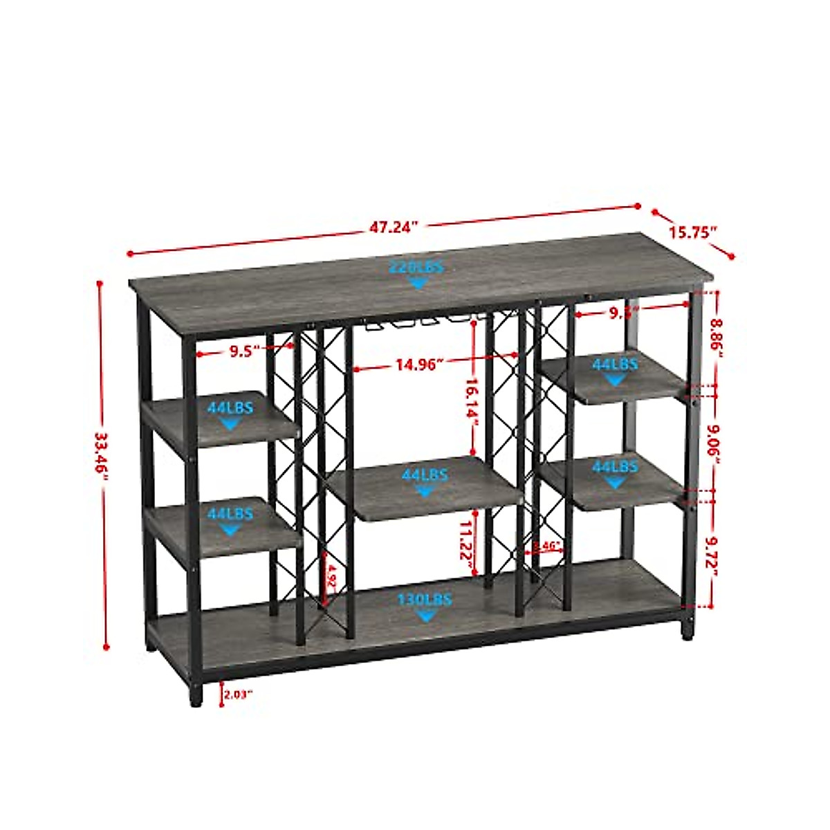 Teraves Modern Wine Rack Table, 47 Inch Wine Baker's Rack with Storage Shelves, 4 Tier Freestanding Wine Rack for Bar, Buffet, Home Kitchen Dining Room Living Room (Black Oak+Black Frame)