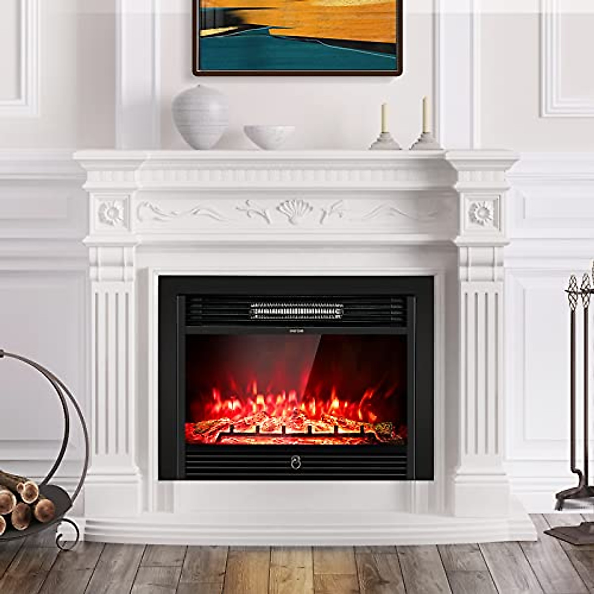 COSTWAY 28.5-Inch Electric Fireplace Inserts, 750W/1500W Wall Recessed and Freestanding Fireplace with 3 Flame Colors, 5 Brightness Settings, 8H Timer, Remote Control, Fireplace Heater for Indoor Use
