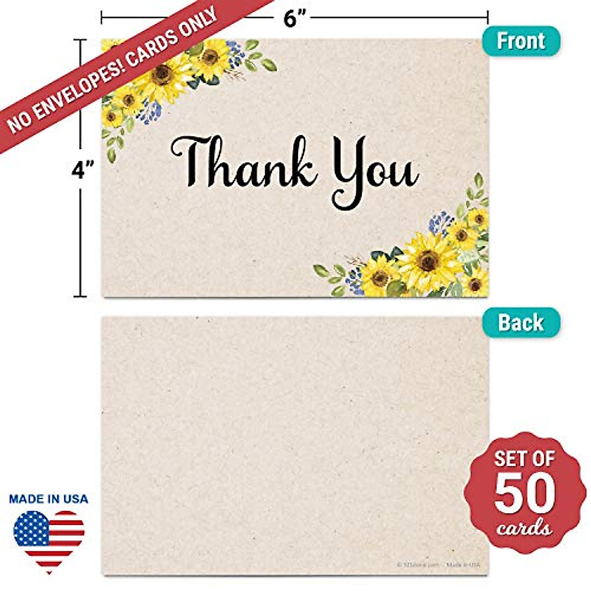 321Done Sunflower Thank You Note Cards (Set of 50) Large 4x6 – Rustic Kraft Tan for Gift, Insert, Thanks, Small Business, Event, Wedding, Shower, Party, Award or Occasion - Blank on Back, Made in USA