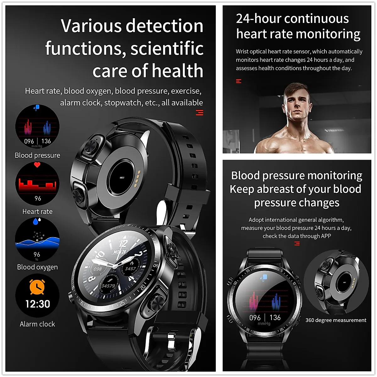 Tuanzi JM03 2 in 1 Smart Watch with Earbuds 1.28" Smartwatch TWS HiFi Stereo Wireless Headset Combo Bluetooth Phone Call for Android iOS(Black)