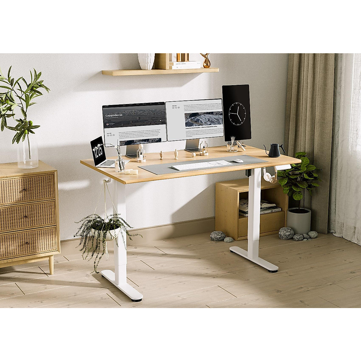 INNOVAR Solid Wood Electric Standing Desk, 55x24 Inches Adjustable Height Stand up Desk with Whole Piece Desktop, Sit Stand Home Office Desk White Frame/Nature Top