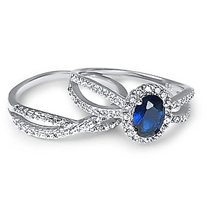 LaRaso & Co His Hers Sterling Blue Sapphire CZ Bridal Wedding Band Engagement Ring Set Him Her