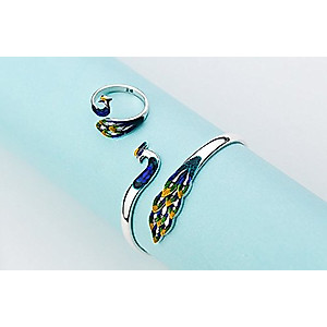 Helen de Lete Coloful Peacock Phoenix Wonder Bird 925 Sterling Silver Open Ring/Bracelet (Bracelet)