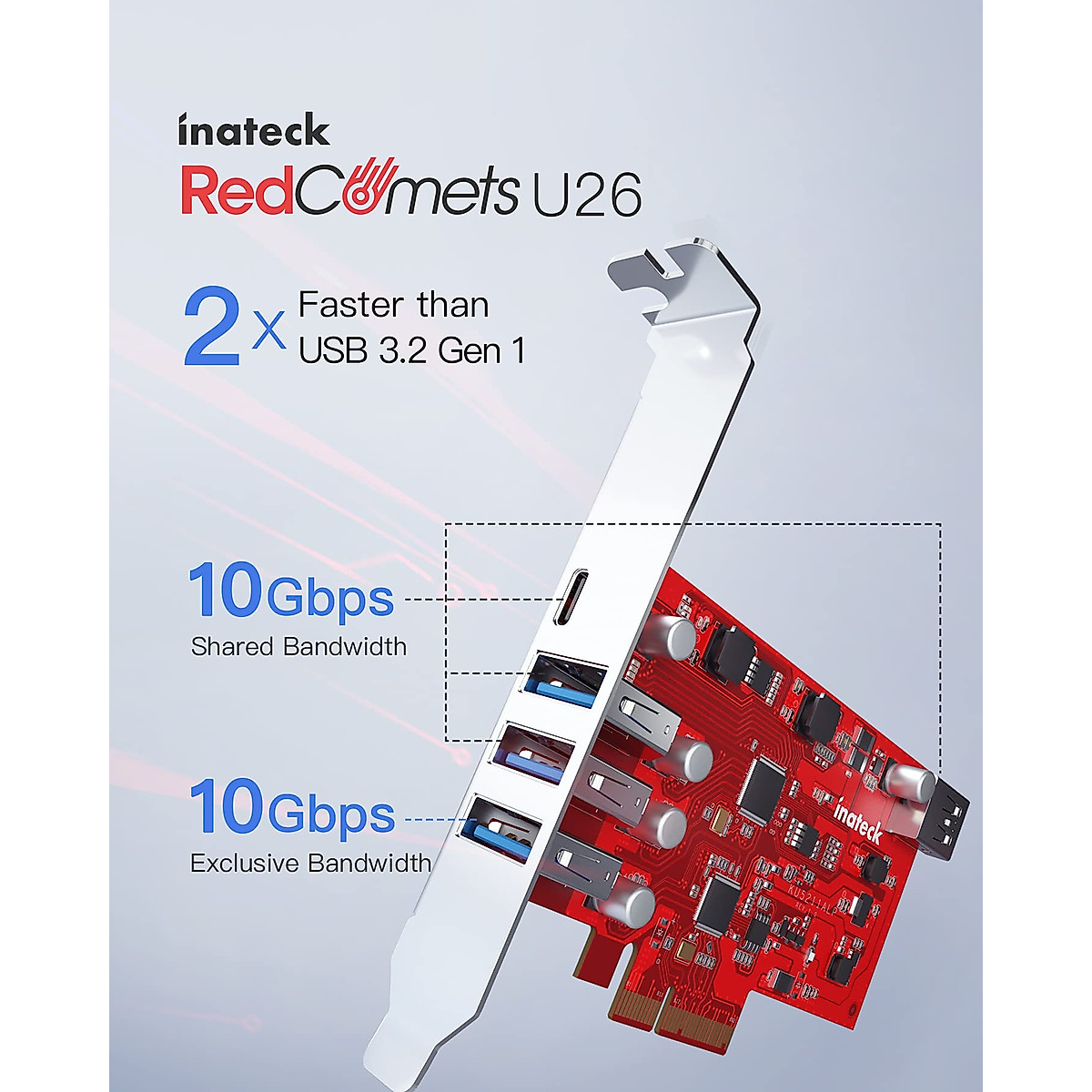 Inateck PCIe USB 3.2 Gen 2 Extension Card with 4 USB A and 1 USB-C Ports 20 Gbps PCIe 5-Port Card No External Power Supply Required, RedComets U26