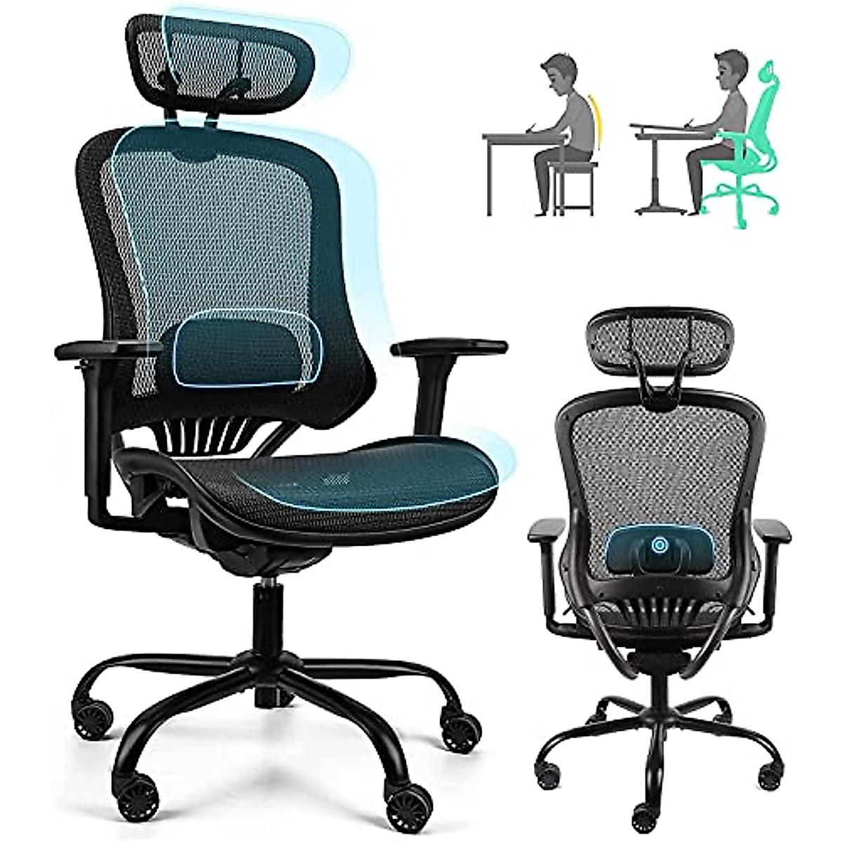 Ergousit Ergonomic Mesh Office Chair, High Back Desk Chair with Adjustable Height, Backrest and Lumbar Support, 3D Armrests,Swivel Executive Drafting Chair (Black)
