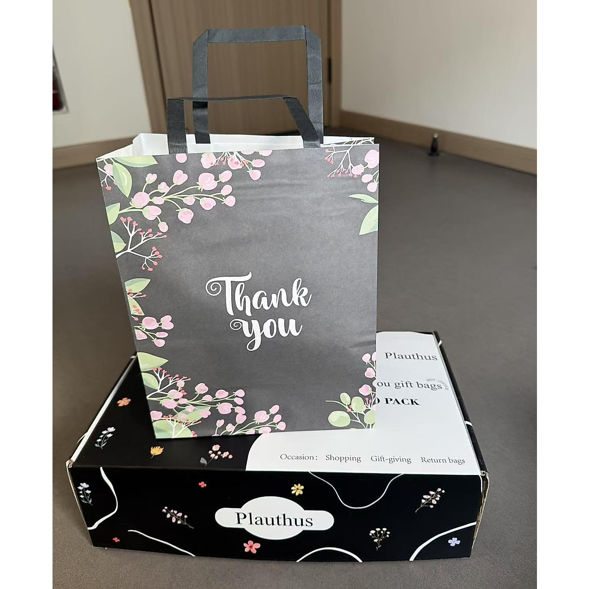 Black Thank You Gift Bags 50 Pack 8" X 10" Medium Size Paper Bags With Handles Floral Design Bulk Thank You Bags For Business Boutique, Gifts Wedding Favors Retail Shopping Goody Bags