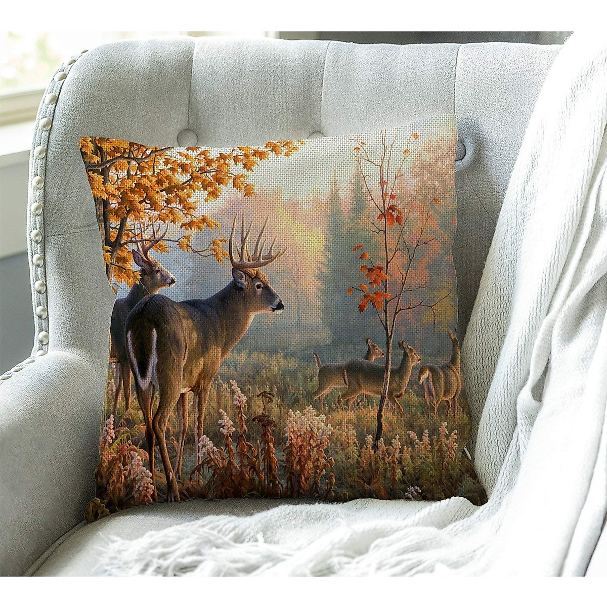 Swono Deers Pillow Cover 18x18 Inch Autumn Nature Deers Scene Farmhouse Decorative Throw Pillow Cover Square Cushion Case for Home Sofa Couch Decoration