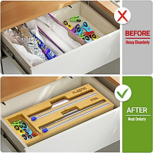 Bamboo Aluminum Foil Dispenser with Cutter, Foil and Plastic Organizer for Drawer, Plastic Wrap Dispenser with Cutter for Kitchen Drawer and Cabinet Organizer, Foil Organization and Storage Holder 1