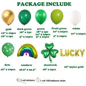 St.Patricks Day Party Decorations Garland, Ireland Party Decorations Lucky Rainbow Shamrocks Mylar Balloons 18" 10" 5" Latex Balloons Green Gold White for Birthday Baby Shower Bachelorette Supplies