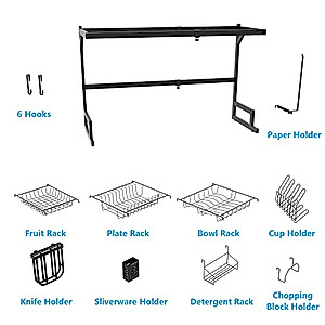 HEITICUP 2 Tier Dish Drying Rack, Adjustable & Space-Saving Over The Sink Dish Drying Rack(from 25.6" to 33.5") Multifunctional Black Stainless Steel Dish Drying Rack
