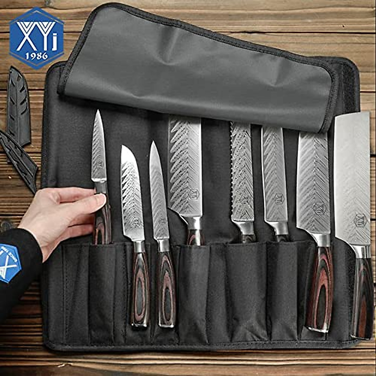 XYJ Professional Kitchen Knife Set Vein Pattern 8" 7" 5" 3.5" Chef Knives Set With Carry Case Bag & Sheath 8 Pieces Cooking Knife Tools (Coffee)