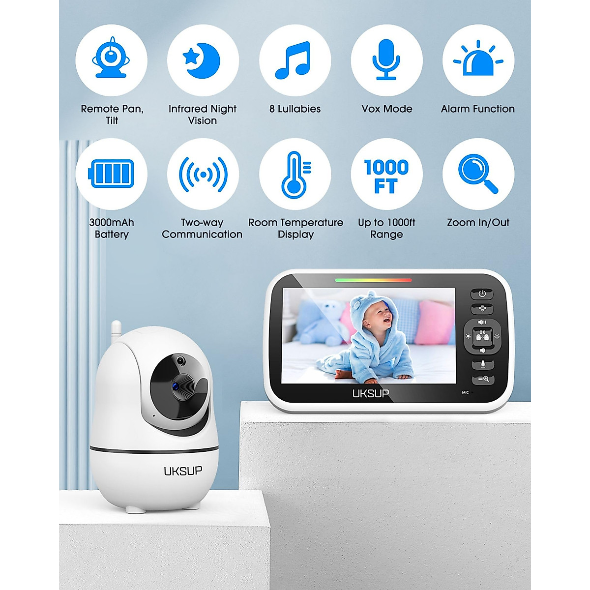 Baby Monitor with 4 Cameras and Audio - 5” Display Video Baby Monitor with 30 Hours Battery Life, Remote Pan & Tilt, 2X Zoom,Auto Night Vision, 2 Way Talk, Temperature Sensor,Lullabies,960 Feet Range