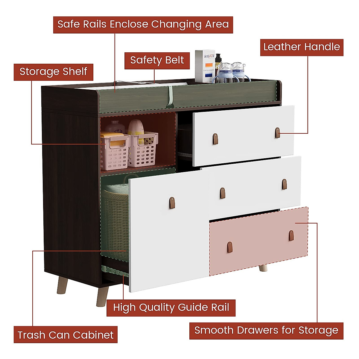 Timechee Baby Changing Table Dresser, Modern Nursery Changing Dresser Chest with 3 Drawers & 1 Shelf, Diaper Changing Pad, Storage Changing Dresser (Brown)