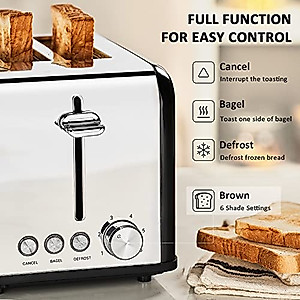 REDMOND Toaster 4 Slice Stainless Steel, Wide Slots 4 Slice Toaster with Bagel Defrost Cancel Function 6 Bread Shade Settings for Bread waffles Auto Shutoff Black