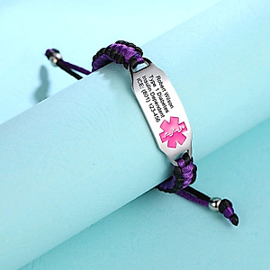 Medical Alert Bracelets for Women Personalized | Custom Medical Alert ID Bracelets Free Engraved | Tow-tone Purple&Black Polyester Rope Hand-made Braided Bracelet, Adjustable (6.5-8.5 inches)