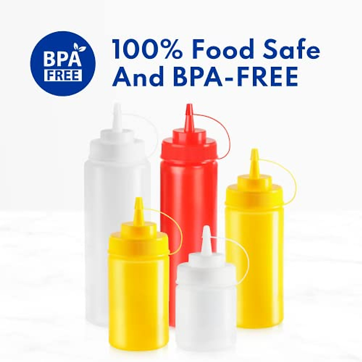 New Star Foodservice 26269 Squeeze Bottles Plastic, Wide Mouth with Caps, 32 oz, Clear, Pack of 6