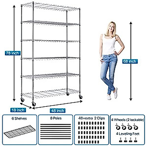 Dkelincs 6 Tier Wire Shelving Unit with Wheels 48" X 18" X 76" Metal Storage Shelves Height Adjustable NSF Heavy Duty Commercial Grade Garage Shelf Rack for Kitchen Basement Restaurant，Chrome