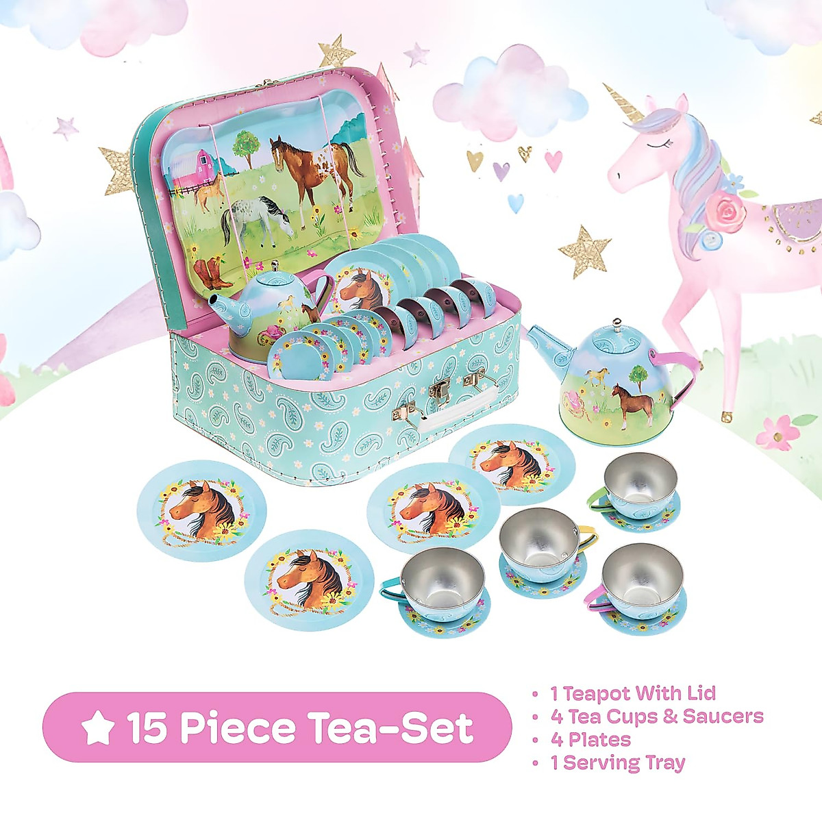 Jewelkeeper Toddler Toys Tea Set for Little Girls - 15 Pcs Tin Tea Set for Kids Tea Time Includes Teapot, 4 Tea Cup and Saucers Set and 4 Snack Plates , Horse Tea Party Set with Carrying Case