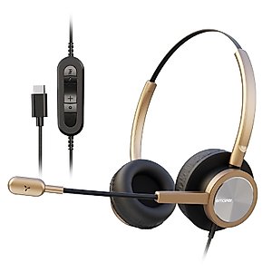 USB Type C Headphones with Noise Canceling Microphone, USB-C Headset with Mic for PC, Laptop, Lightweight Gold Headset for Call Center Office Laptop, Skype, Zoom, Webinar, Google Meet, WeBex