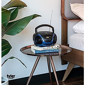 Tyler Portable CD Player Boombox Radio AM/FM Top Loading AC & Battery Compatible Aux Input & 3.5mm Headphone Jack Small Lightweight Compact Boom Box Home Stereo Speaker Carrying Handle Kids Room Blue