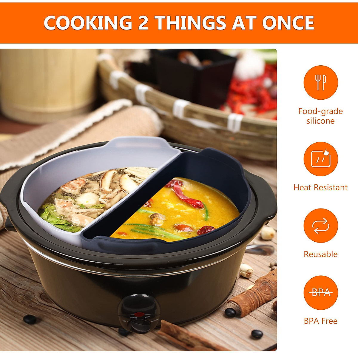 Lineware Slow Cooker Divider Liners for 6-8 QT Crockpot, Silicone Reusable Compatible for Crock Pot Liners Divider Inserts,Dishwasher Safe, Oval Shape,Leakproof & Easy Clean，BPA Free(Upgraded Thicker)