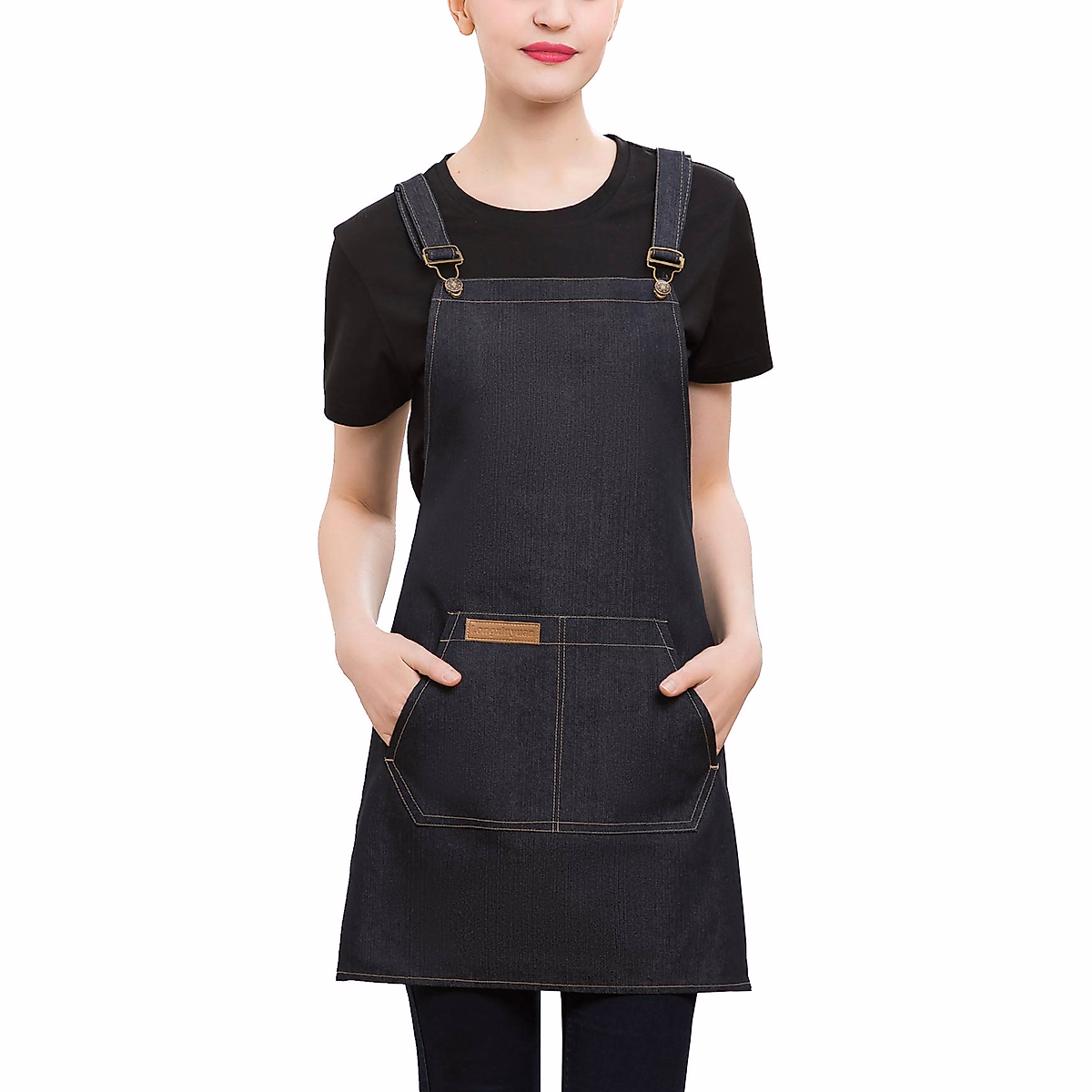 Denim Cross-Back Chef Bib Apron with Pockets for Men and Women (Black)