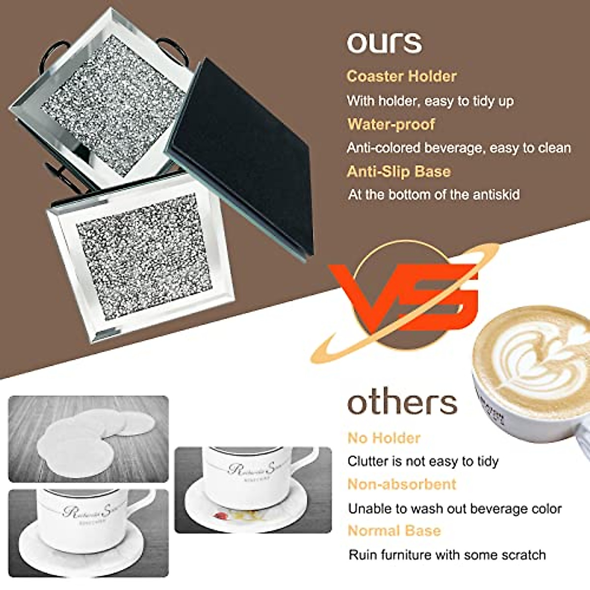 6 Sets Glass Mirrored Drink Coasters with Holder, DILIBRA Modern Bling Bling Crystal Cup Coasters for Dirnk, 4x4 Inches Crushed Diamond Glass Plates - Avoid Furniture Being Scratched and Soiled