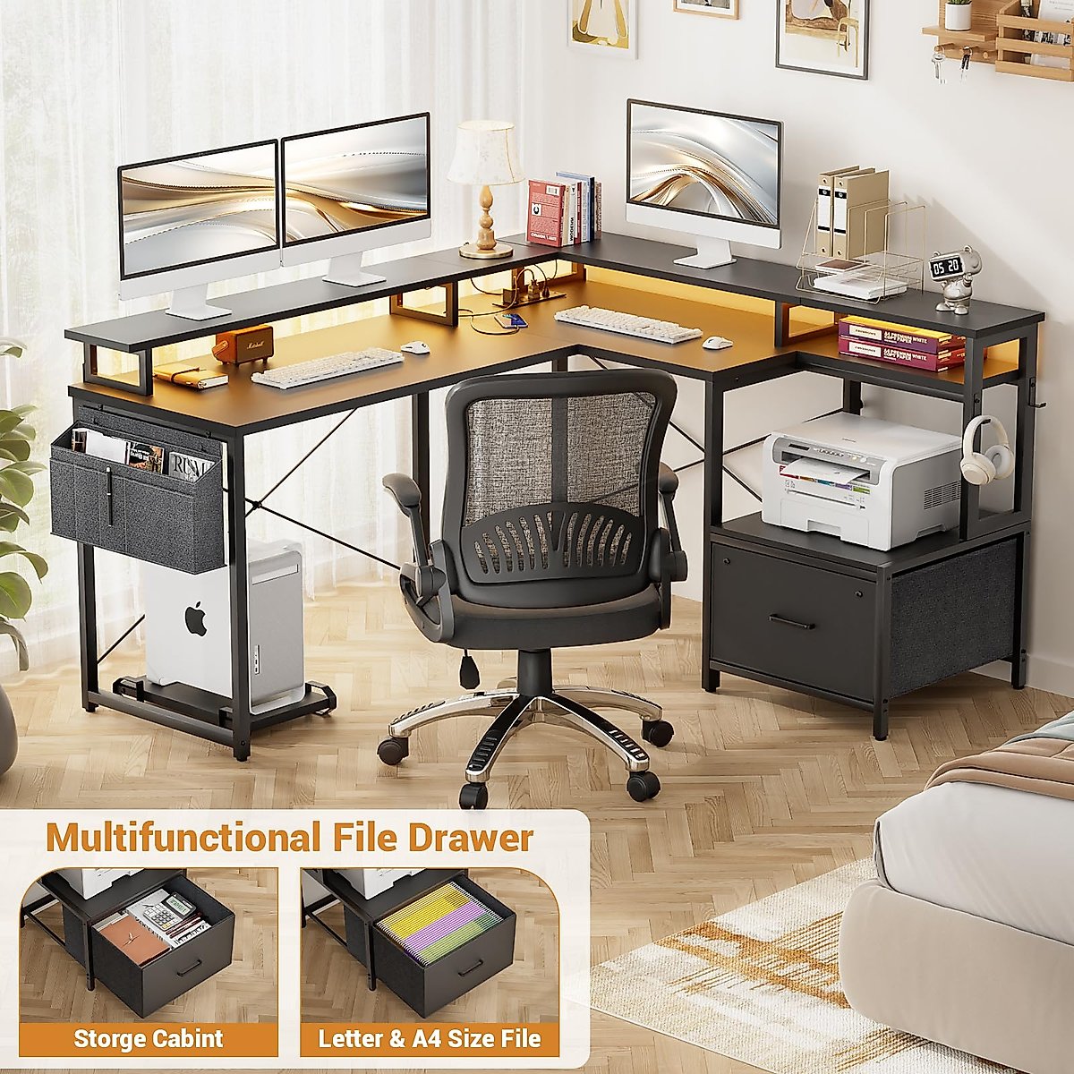 Unikito L Shaped Desk with File Drawer, Reversible L Shaped Computer Desk with Power Outlet & LED Lights, Home Office Desk Corner Desk with Monitor Shelf and Printer Cabinet, Gaming Desk, Black