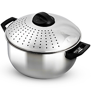 Ovente 4.8 Quart Stovetop Stainless Steel Pasta Pot with Strainer Lid & Locking Feature, Easy Storage and Pour Safe with Cool Touch Handles Perfect for Cooking Noodle Veggie or Sauce, Silver CW15131S