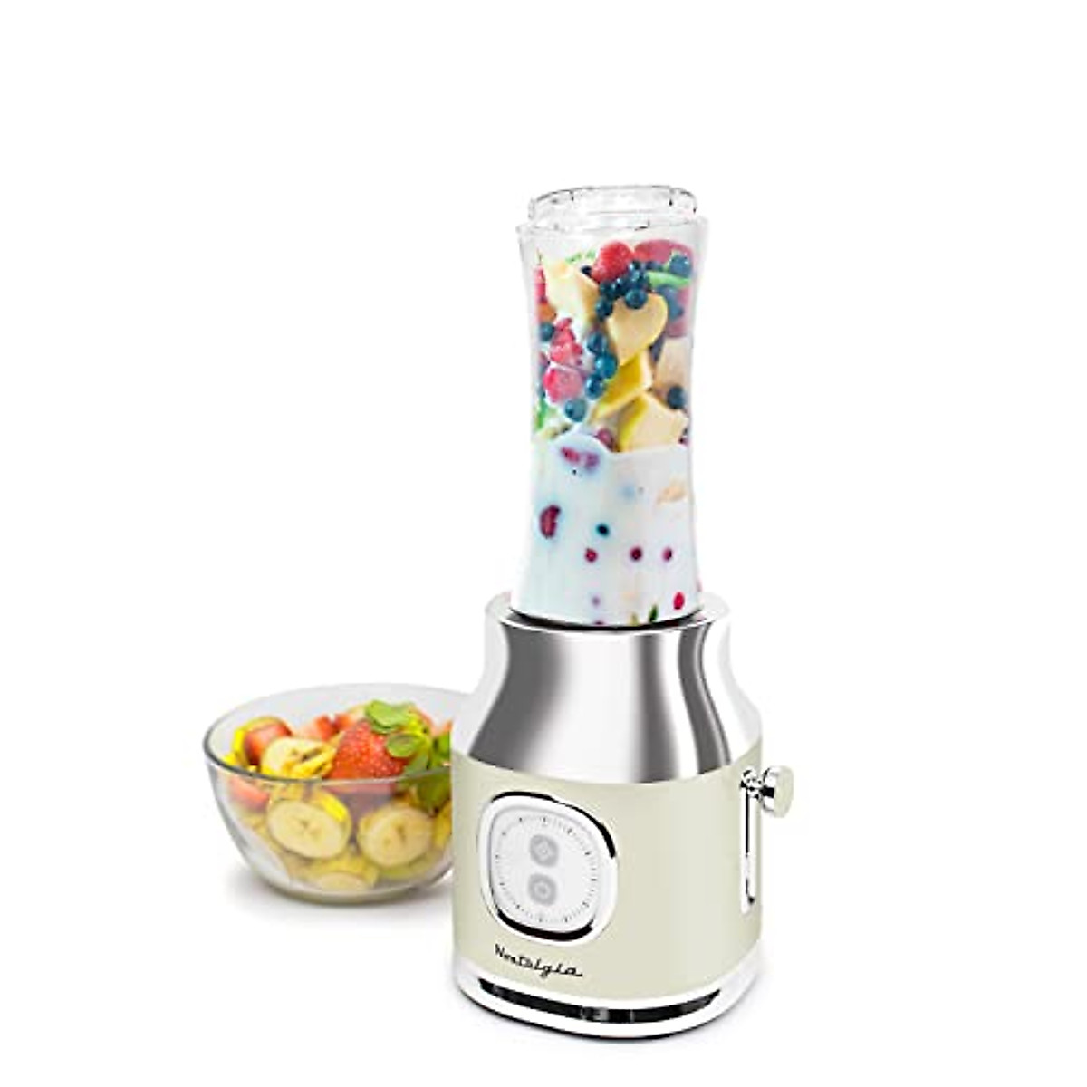 Classic Retro Electric Pulse Blender, 1 Liter Glass Pitcher, Includes Tritan Personal Travel Bottle With Lid And Storage Container, High Power 300 Watts Crushes And Pulverizes Ice Cubes