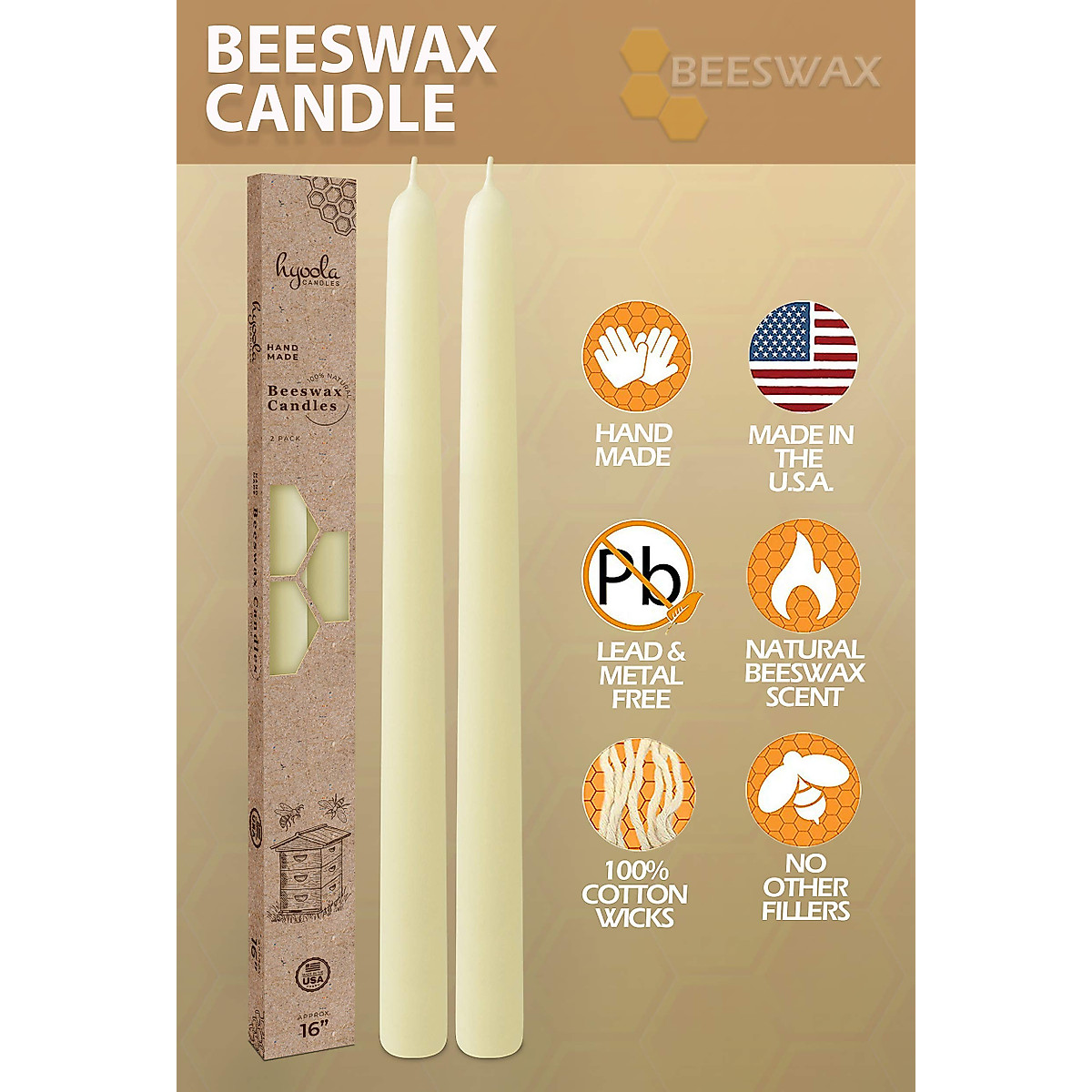 Hyoola 16" Beeswax Taper Candles - 16 Hour Burn Time - White Beeswax Candles - 2 Pack