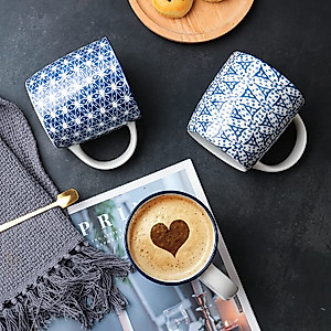 Set of 4 12 oz Coffee Mugs with Blue and White Geometric Patterns, Ceramic Tea Cup Set, Gift for Friends (Set 1)