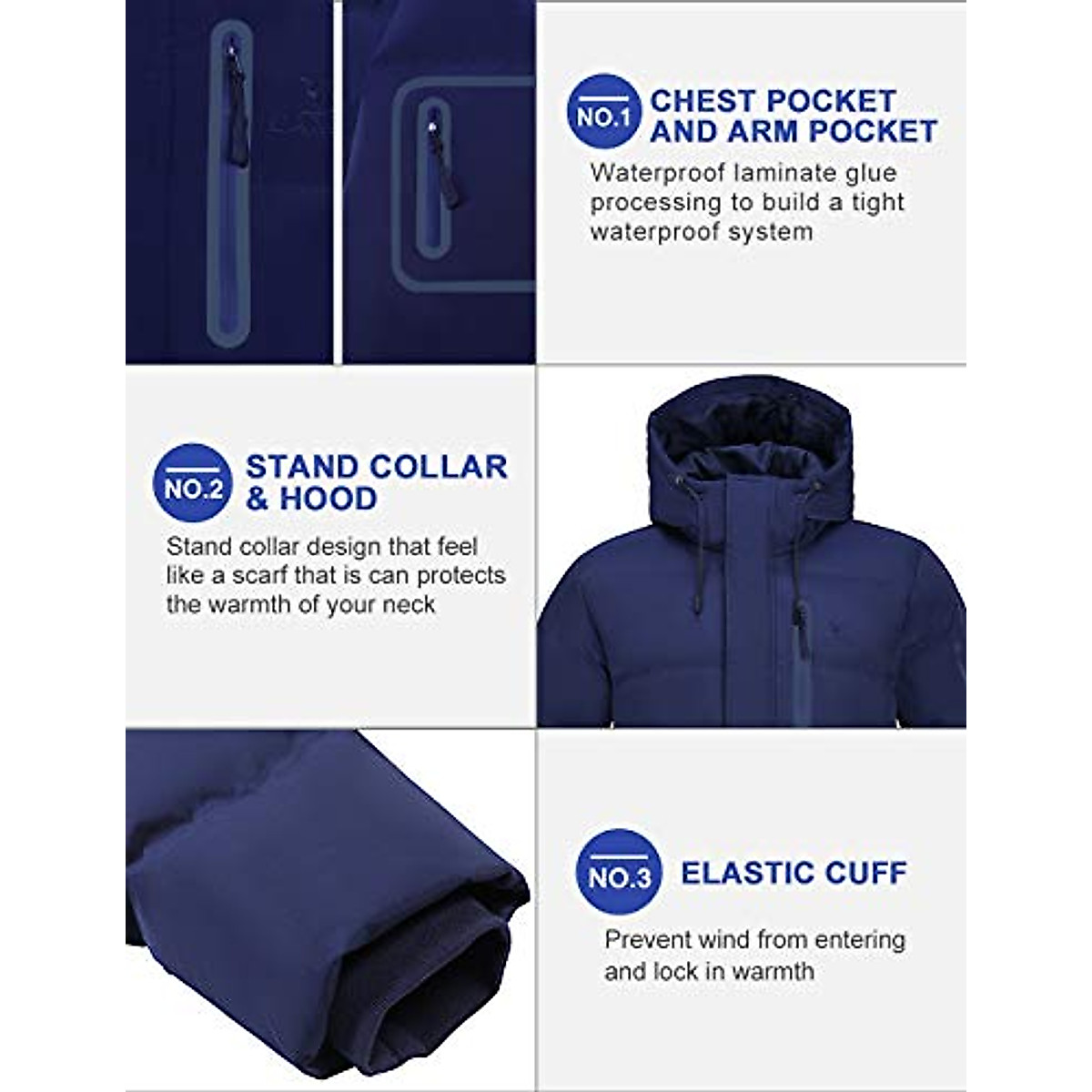CAMEL Men Puffer Jacket with Hooded Parkas Thicken Padded Jacket Windproof Outdoor for Winter Coat Blue