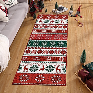ROYHOME Hallway Runner Rug 2x6 Washable Christmas Runner Indoor Non-Slip Xmas Decorative Throw Floor Covers Boho Accent Festival Xmas Rug Farmhouse Rug Geometric Carpet for Living Room Bedroom, Red