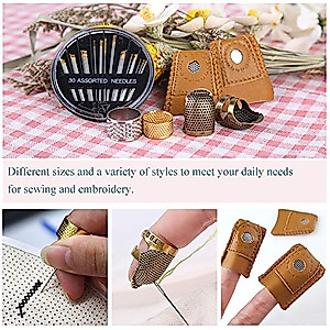 8 Pcs Sewing Thimble + 30 Pcs Sewing Needles, Finger Protector Fingertip Thimble Adjustable Metal Bronze Sewing Thimble Rings and Leather Coin Thimble for Needlework, Hand Embroidery Craft
