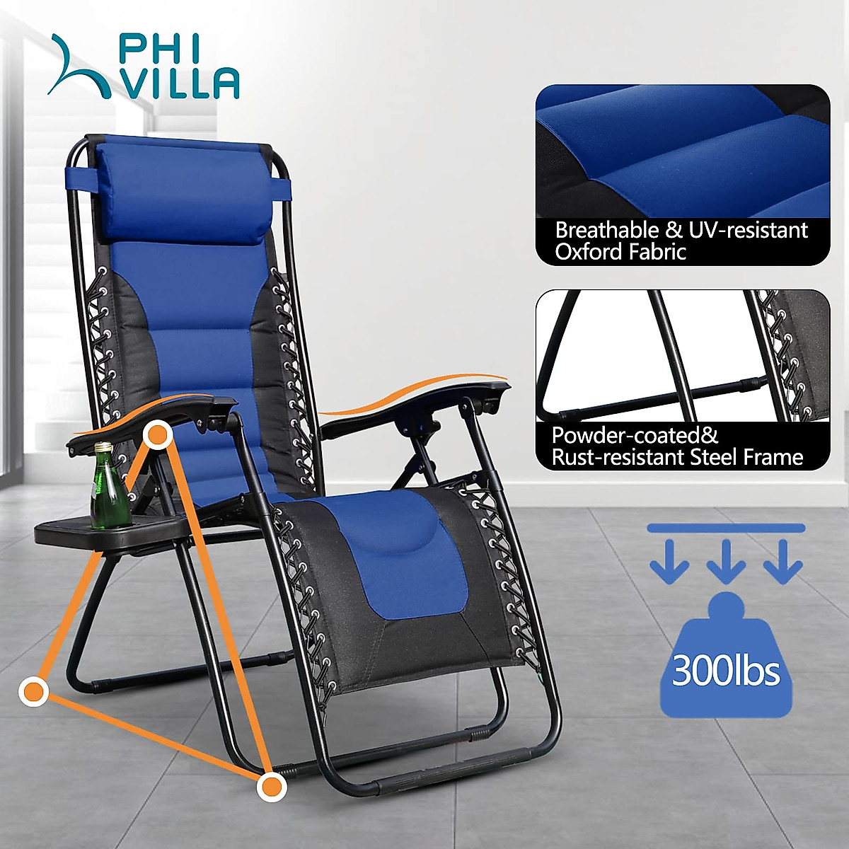 PHI VILLA Zero Gravity Chair Padded Recliner Adjustable Lounge Chair with Free Cup Holder (Blue)