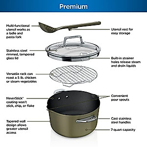 Ninja CW202GN Foodi NeverStick PossiblePot, Premium Set with 7-Quart Capacity Pot, Roasting Rack, Glass Lid & Integrated Spoon, Nonstick, Durable & Oven Safe to 500°F, Olive Green