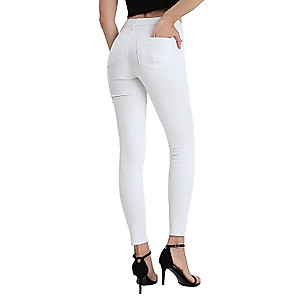 JEANIR Women's High Waisted Stretchy Super Skinny Jeans Black Leggings Casual Pants White Tights with Pockets (White, Large, l)