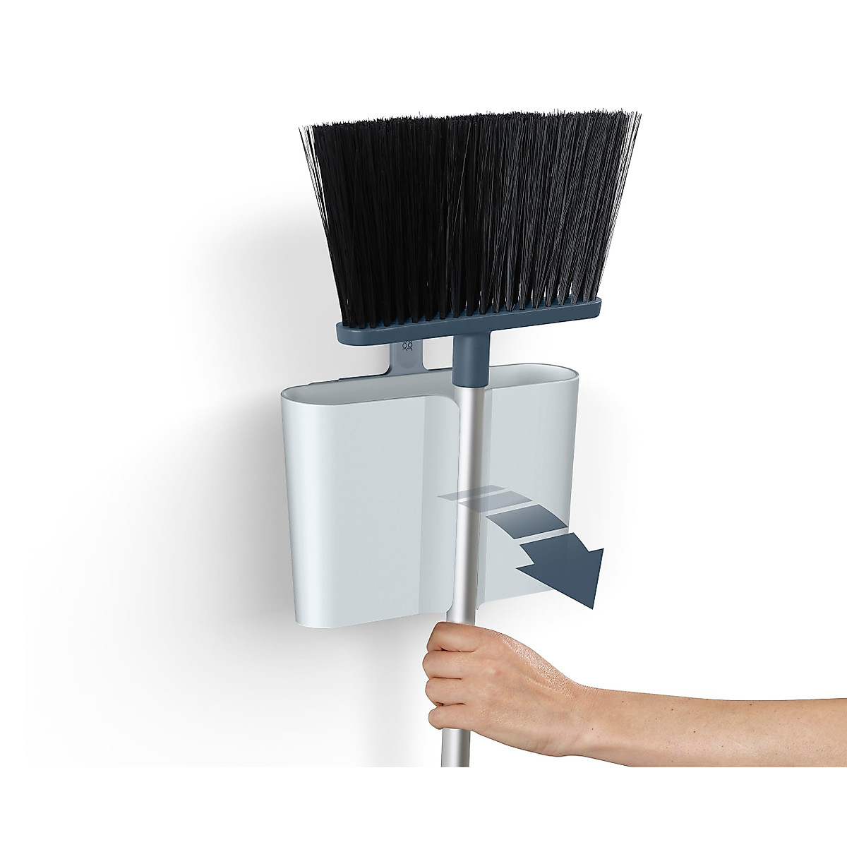 Joseph Joseph CleanStore Wall-Mounted Adjustable Long Handle Broom Sweeper with Dust-Shield Storage, Indoor Sweeping Floor Brush with Soft Bristles and Comb