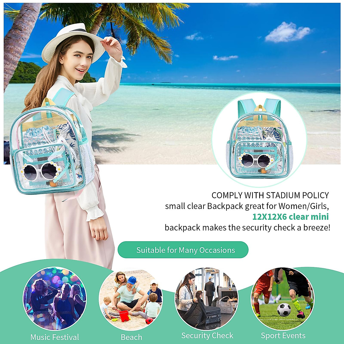 BYXEPA Clear Mini Backpack Stadium Approved Heavy Duty TPU See Through Transparent Backpacks Bookbags with Reinforced Strap for Girls Women Concerts and Sporting Event, Work, School, Security- 12*12*6in Lavender