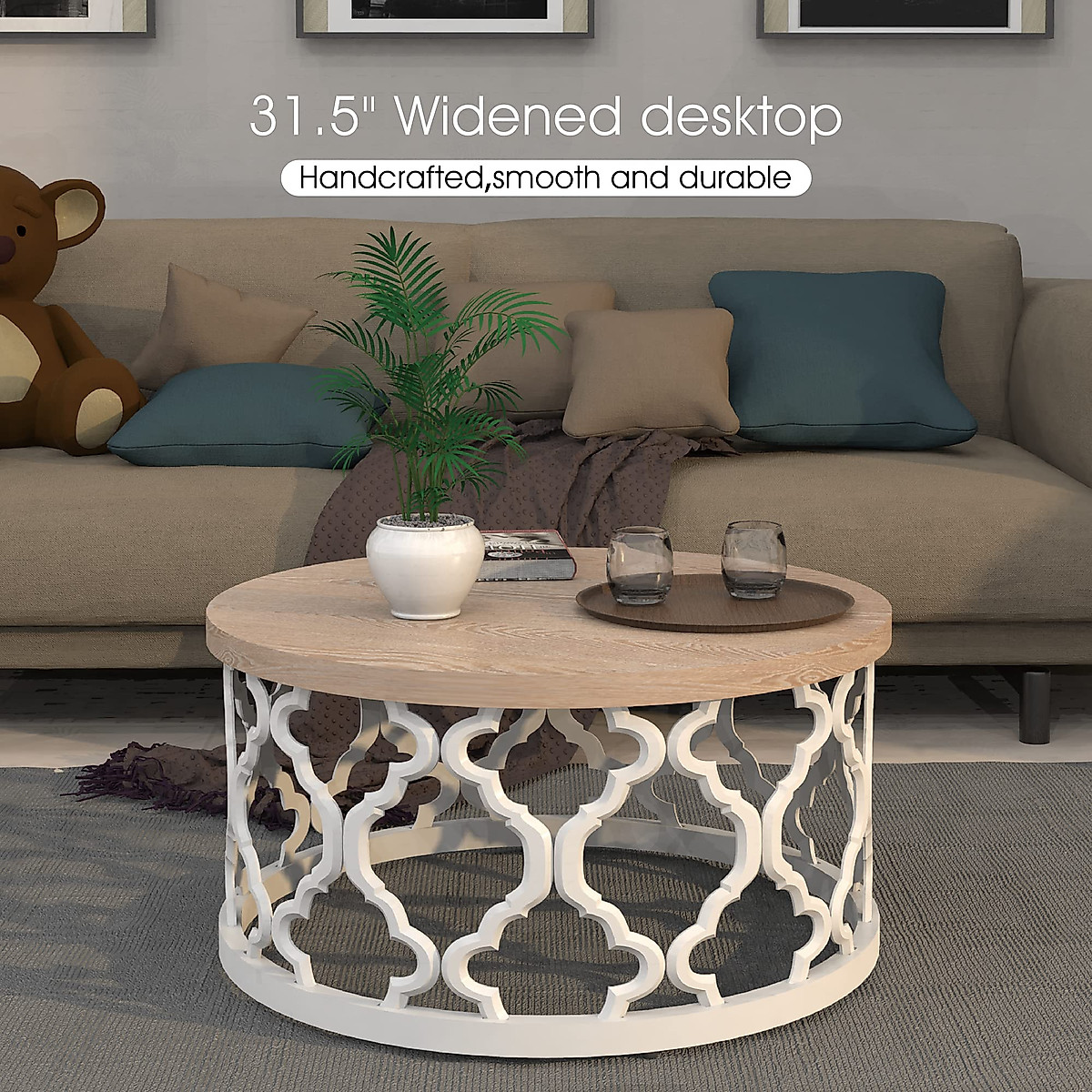 Clredg Round Farmhouse Coffee Table, Wood Grain Top Table with Curved Motif Frame Base for Rustic, Boho, Rustic, French Country Decor, Traditional White